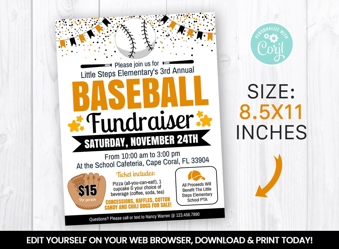 EDITABLE Baseball Fundraiser Flyer Template, Charity Non Profit Event ...