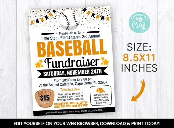 EDITABLE BaseBall Fundraiser Flyer Template, Charity Non Profit Event ...