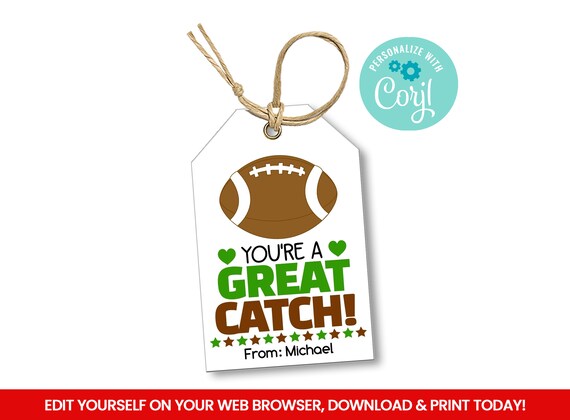 EDITABLE Football coach gift tags, Great Catch treat tags ideas ...