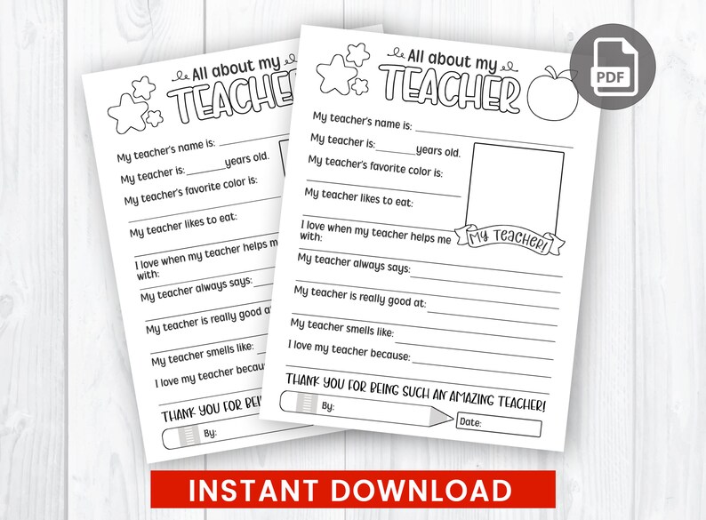 All About My Teacher Questionnaire Teacher Appreciation Week - Etsy