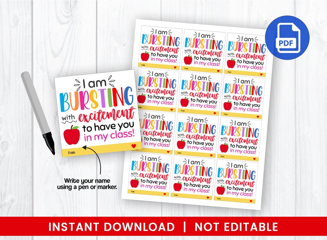 Back to School Gift Tags Bursting With Excitement Design Printable PDF ...