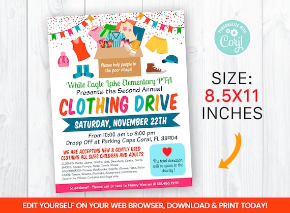 EDITABLE Clothing Drive Flyer Template, Charity Non Profit Event Poster ...