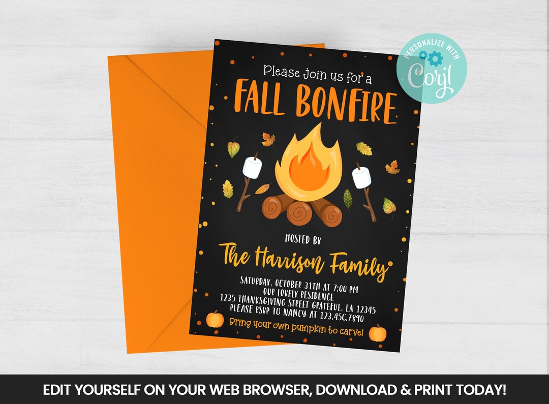 Editable Fall Bonfire Invitation, Fall Harvest Self Editing Invite ...
