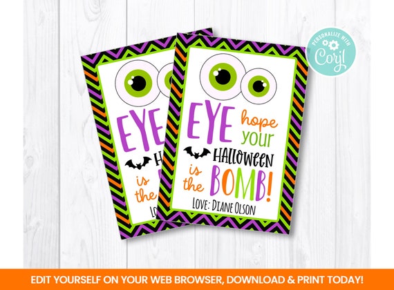 EDITABLE Chocolate Bomb Happy Halloween Favor Gift Tags, Eye Monster ...