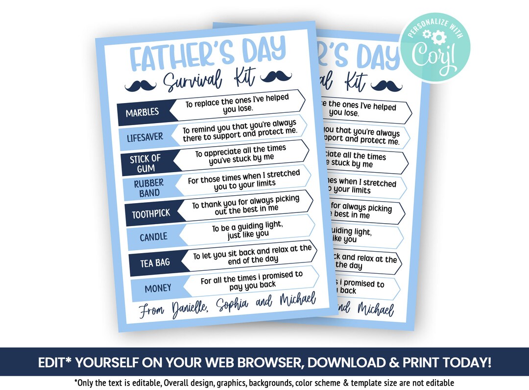 Printable Editable Father's Day Survival Kit Template, Self Editing ...