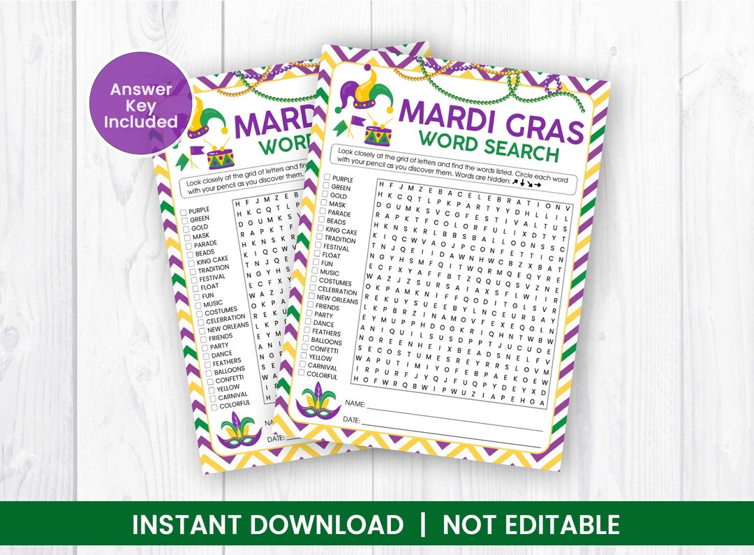Mardi Gras Activity Word Search for Kids Printable PDF Instant Download ...