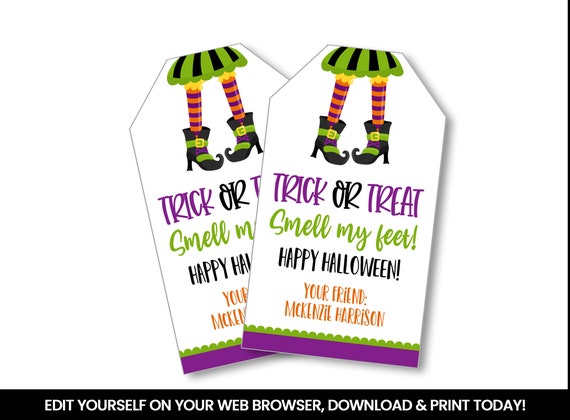 EDITABLE Happy Halloween Gift Tags, Witch Legs Self Editing Favors Card ...