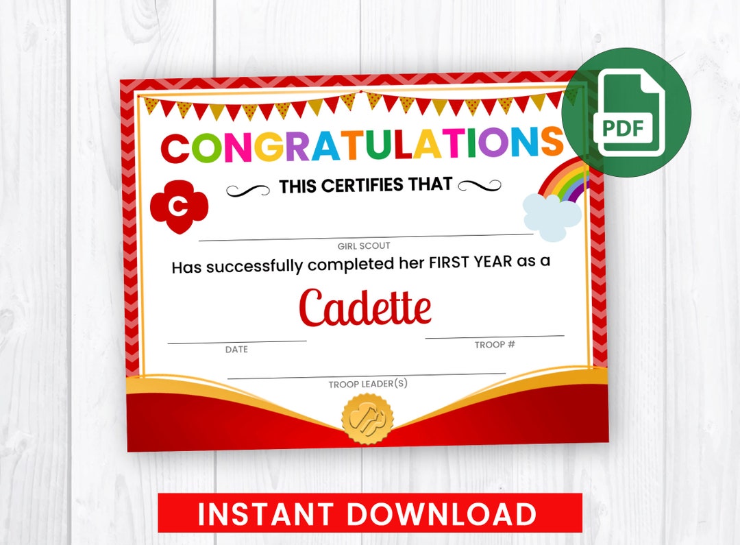 First Year of CADETTE Completion Certificate, Cadette Investiture ...