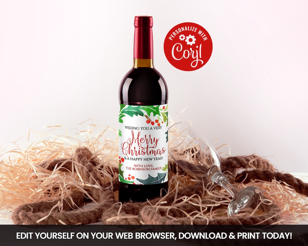 Editable Merry Christmas Wine Bottle Label Holly and Leaves - Etsy