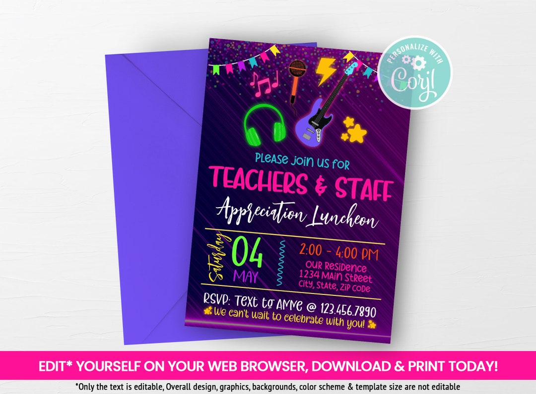 EDITABLE Rock Star Teacher & Staff Appreciation Week Invitation, Neon ...
