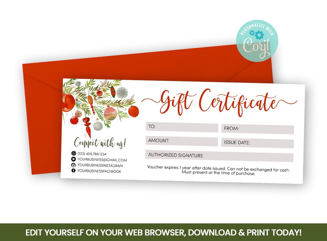 Editable Holiday Gift Certificate Template, Merry Christmas Shop Gift ...