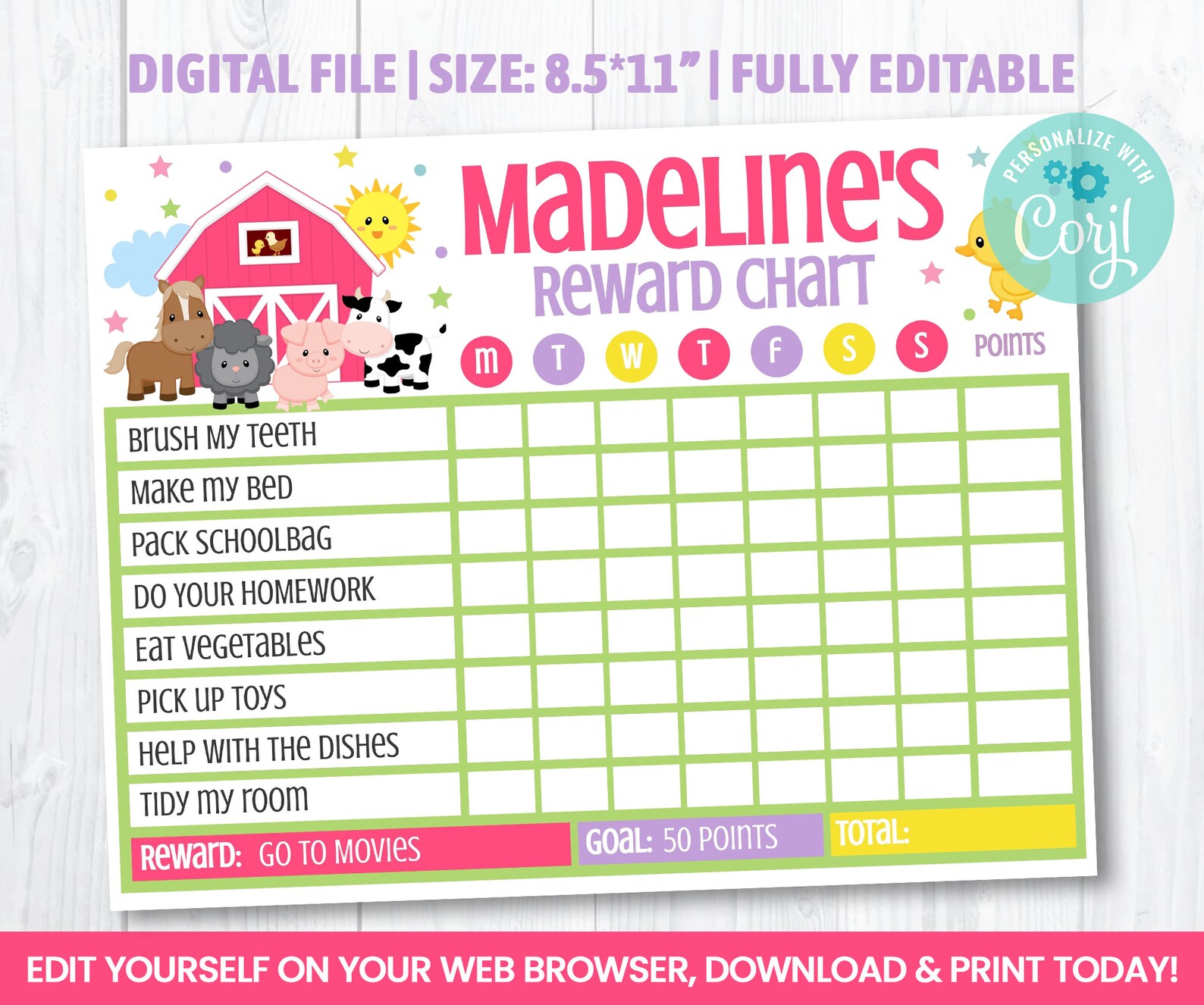 EDITABLE Farm Animals Reward Chart Barnyard Routine Chart - Etsy