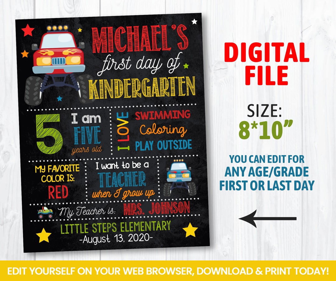 EDITABLE Monster Truck 1st Day of School Chalkboard Sign, Trucks Self ...