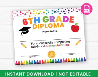 Sixth 6th Grade Graduation Diploma Certificate Instant Download ...