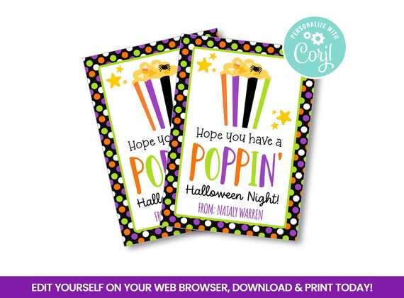 EDITABLE Happy Halloween Gift Tags, Popcorn Self Editing Favors Card ...