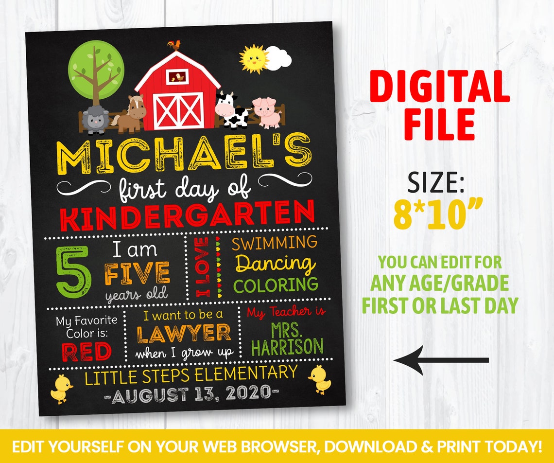 EDITABLE Farm Animals 1st Day of School Chalkboard Sign - Etsy