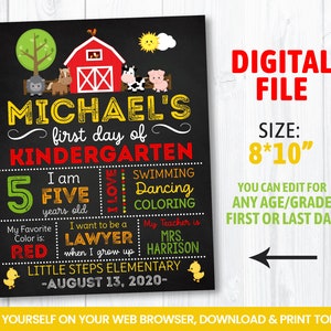 EDITABLE Farm Animals 1st Day of School Chalkboard Sign, Barnyard Self ...