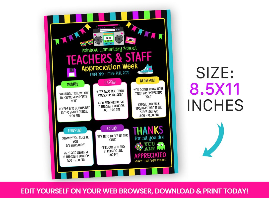 EDITABLE 80s Teacher & Staff Appreciation Flyer, Neon Itinerary Week ...