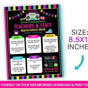 EDITABLE 80s Teacher & Staff Appreciation Flyer, Neon Itinerary Week ...