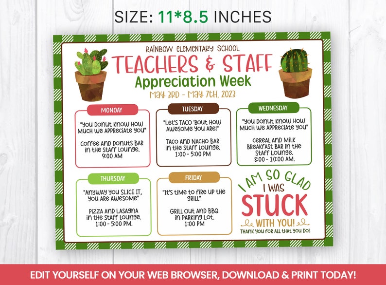 EDITABLE Watercolor Cactus Teacher & Staff Appreciation Flyer - Etsy