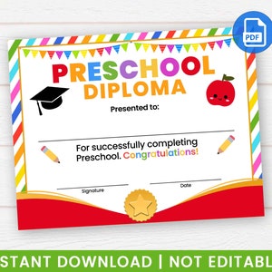 Printable Preschool Graduation Diploma, End of School Certificate, PDF ...