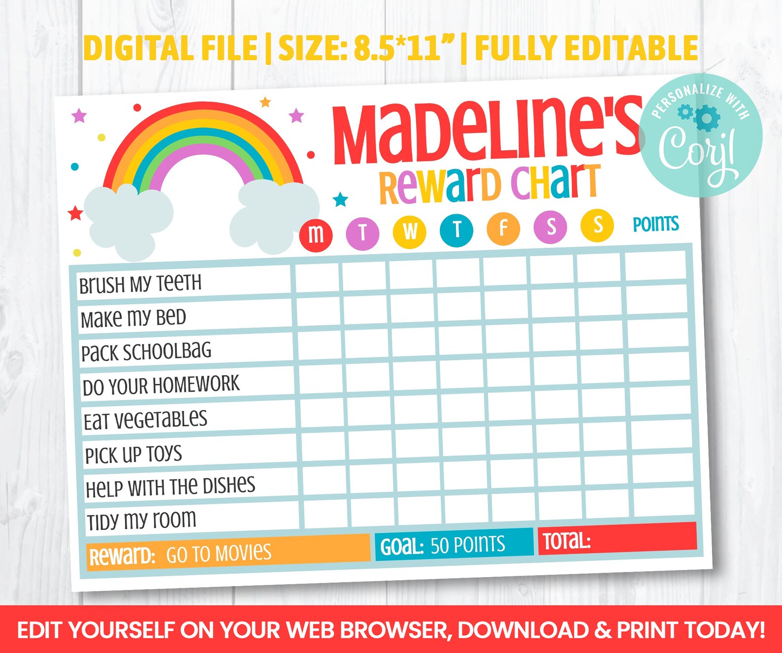 EDITABLE Rainbow Reward Chart Bright Colors Routine Chart - Etsy