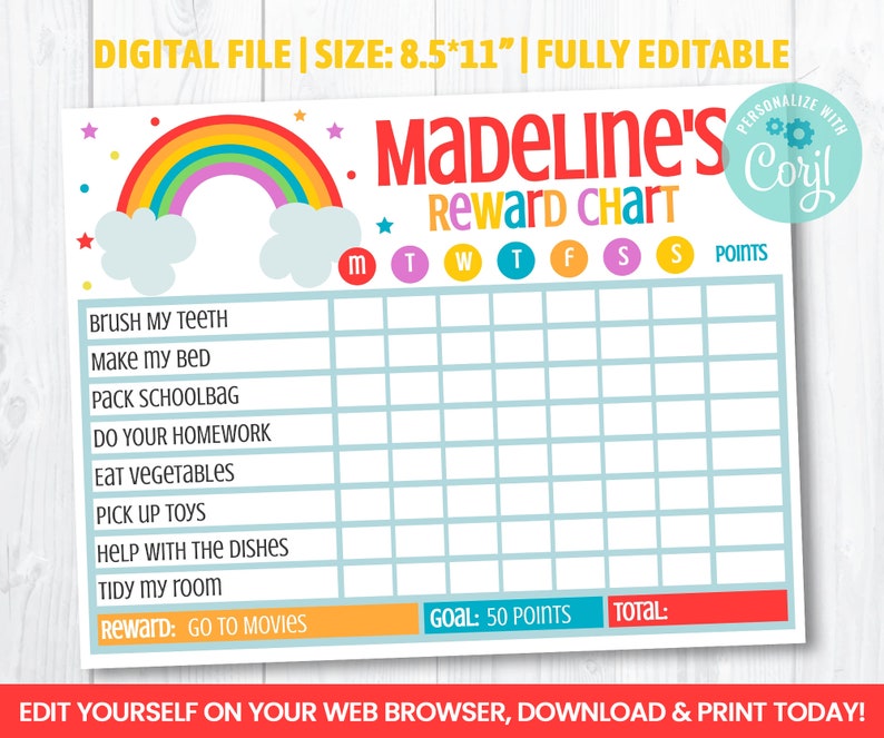EDITABLE Rainbow Reward Chart Bright Colors Routine Chart - Etsy