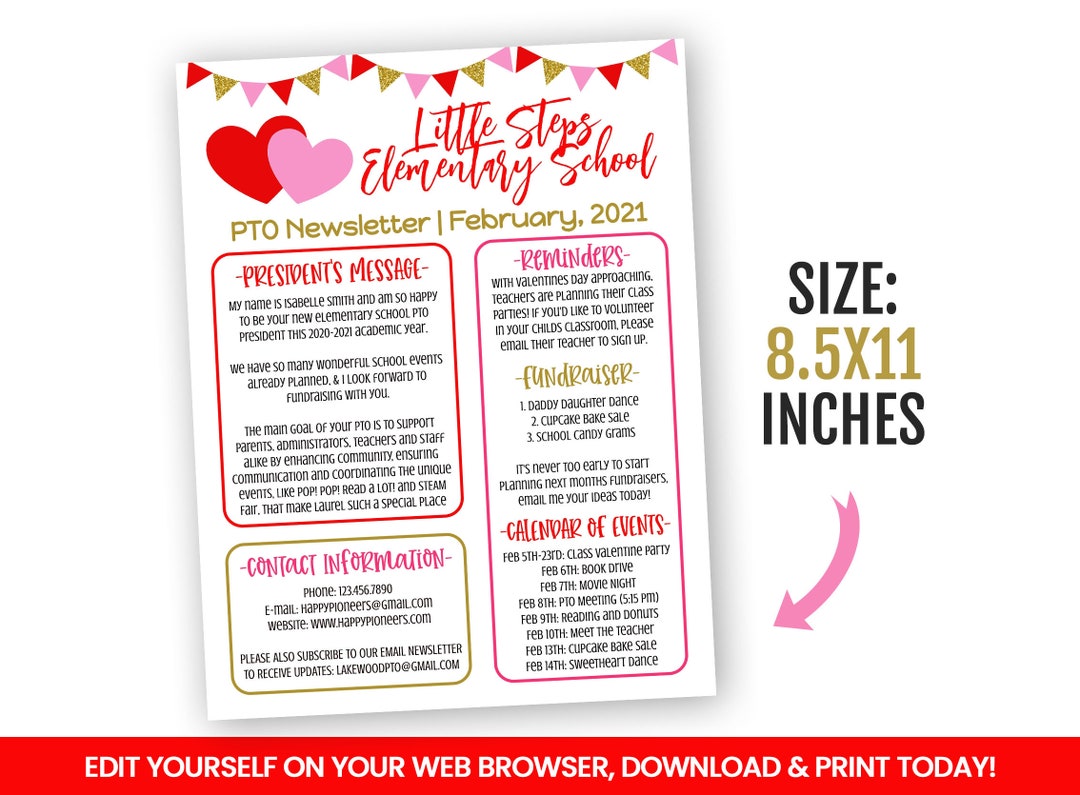 EDITABLE School Pto Pta Valentine Newsletter, February Meeting, Hearts ...