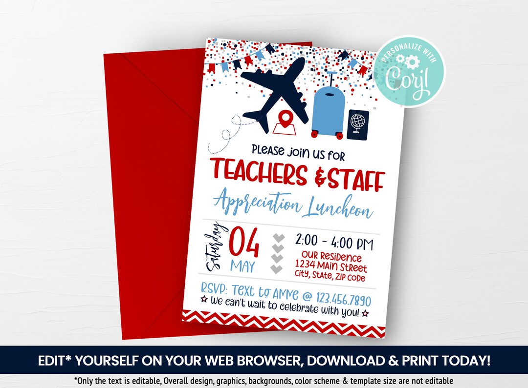 EDITABLE Airplane Teacher & Staff Appreciation Invitation, Travel ...