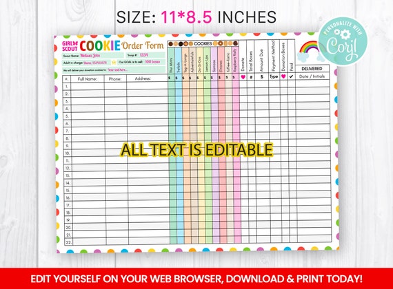 Editable LBB Girl Scout Cookie Order Form, Sales Delivery Note, Self ...