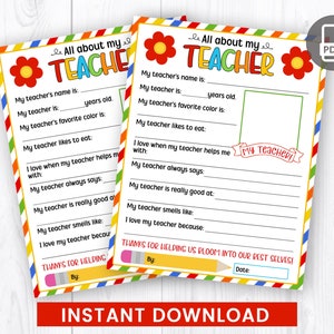All About My Teacher Appreciation Week Questionnaire Kids - Etsy