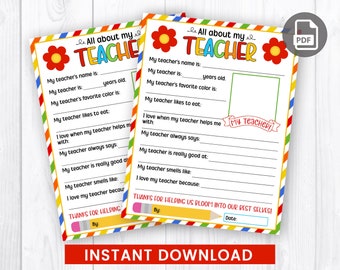 All About My Teacher Appreciation Week Questionnaire Kids - Etsy