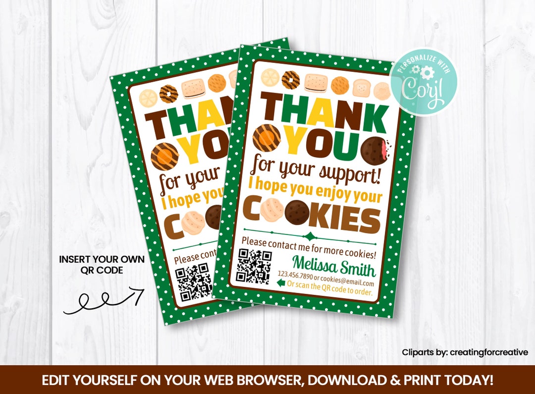 EDITABLE Scout Cookie Thank You Rectangle Card, Thank You Note Tags ...