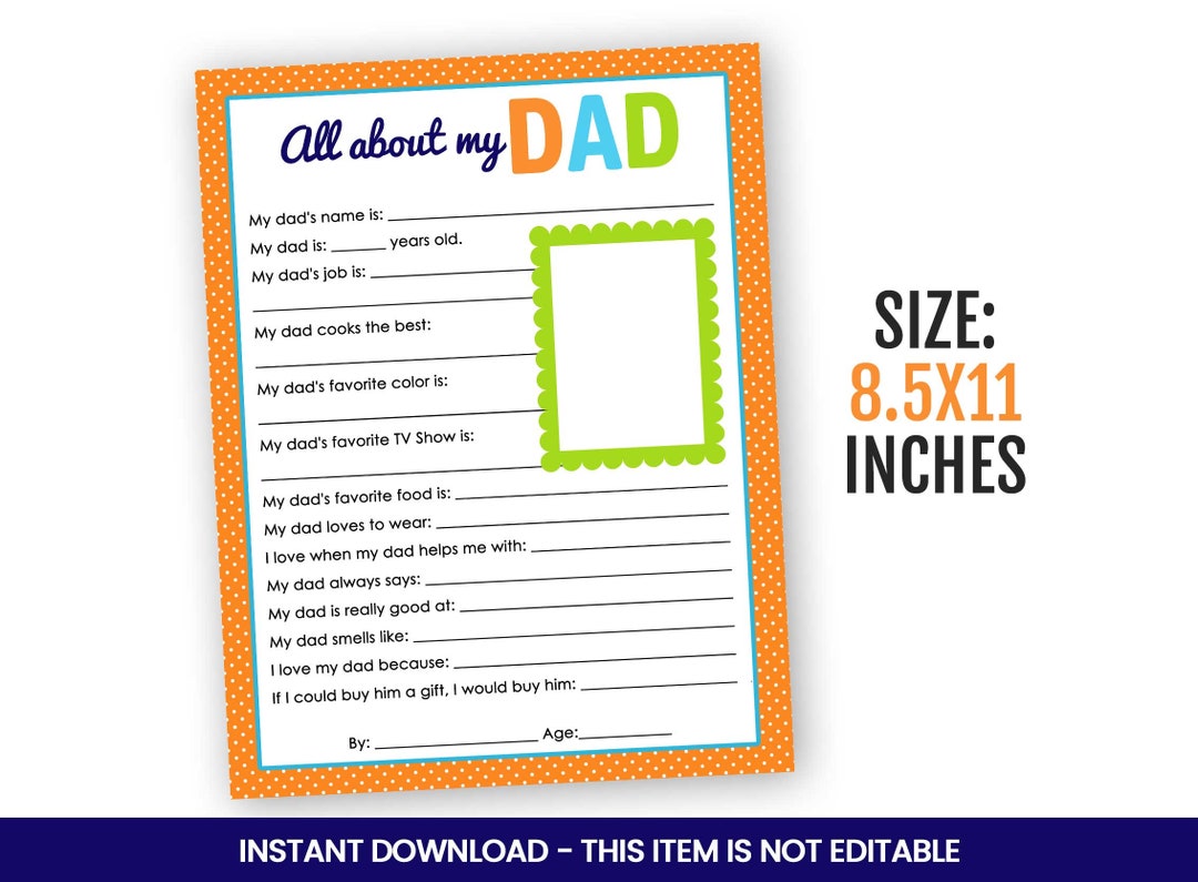 All About My Dad, Printable Father's Day Questionnaire, Kids Survey ...