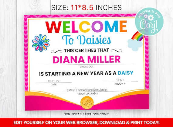 Editable Welcome to Daisies Certificate, Daisy Investiture Certificate ...