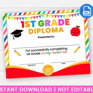 Printable 1st Grade Graduation Diploma, End of School Certificate, PDF ...