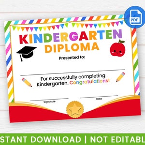 Printable Kindergarten Graduation Diploma, End of School Certificate ...