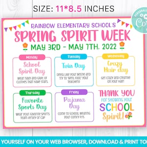 EDITABLE Spring Spirit Week Flyer, Itinerary Week Self Editing Invite ...