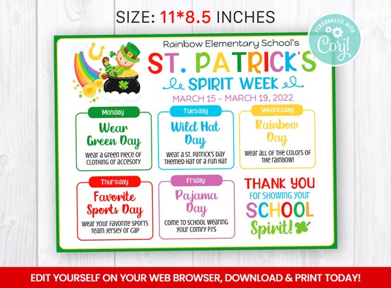 EDITABLE St. Patrick's Spirit Week Flyer, Itinerary Week Self Editing ...