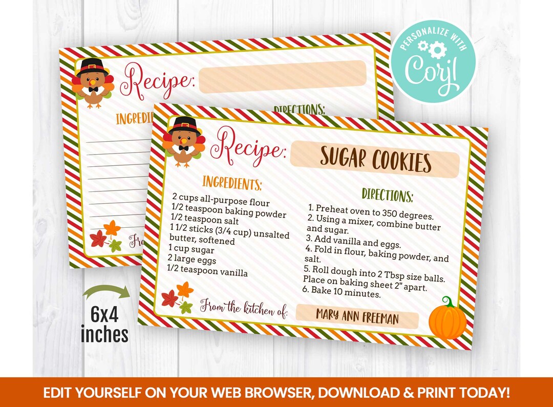 Editable Thanksgiving Cookie Exchange Recipe Card, Fall Recipe Self ...