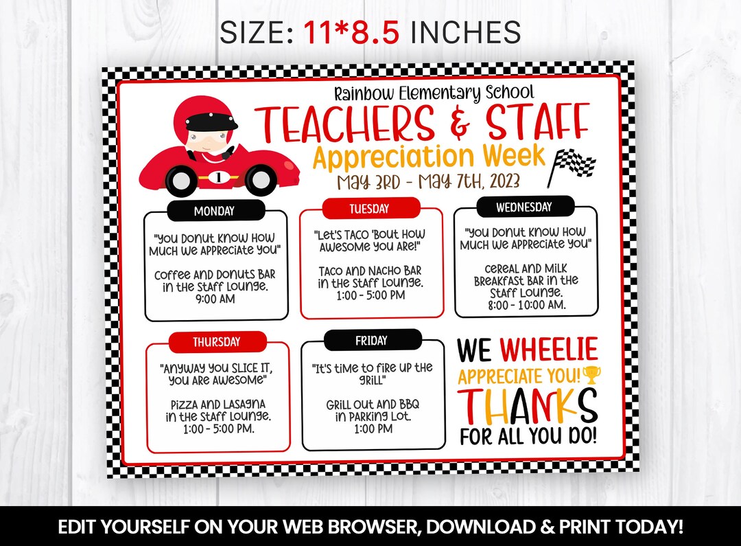 EDITABLE Car Racing Teacher & Staff Appreciation Flyer, Wheelie ...