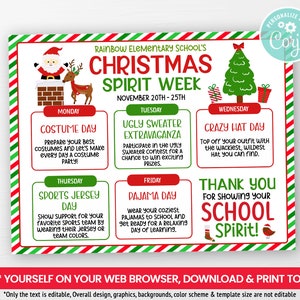 Christmas Spirit Week Editable Itinerary, Holidays Self-editing Invite ...