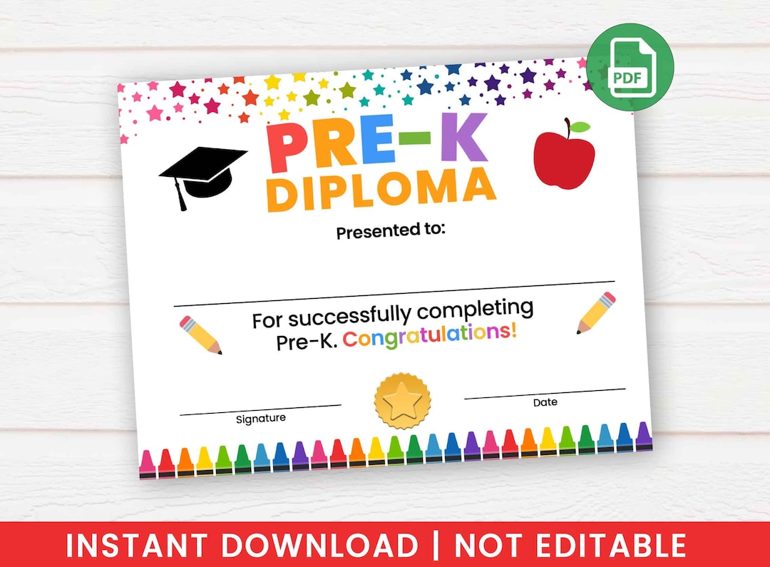 Printable Pre-k Graduation Diploma, End of School Certificate, PDF ...
