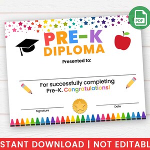 Printable Pre-k Graduation Diploma, End of School Certificate, PDF ...
