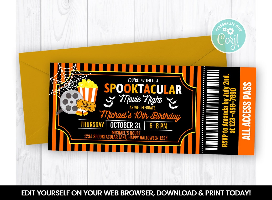 Editable Halloween Movie Night Ticket Invitation Cinema or - Etsy