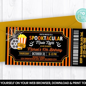 Editable Halloween Movie Night Ticket Invitation, Cinema or Theatre ...