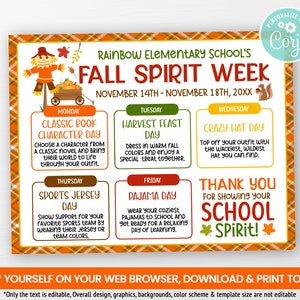Fall Spirit Week Editable Itinerary, Self-editing Invite, Weekly ...