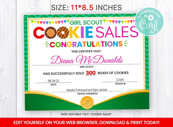 Editable Girl Scout Cookie Sales Certificate, Congratulations ...