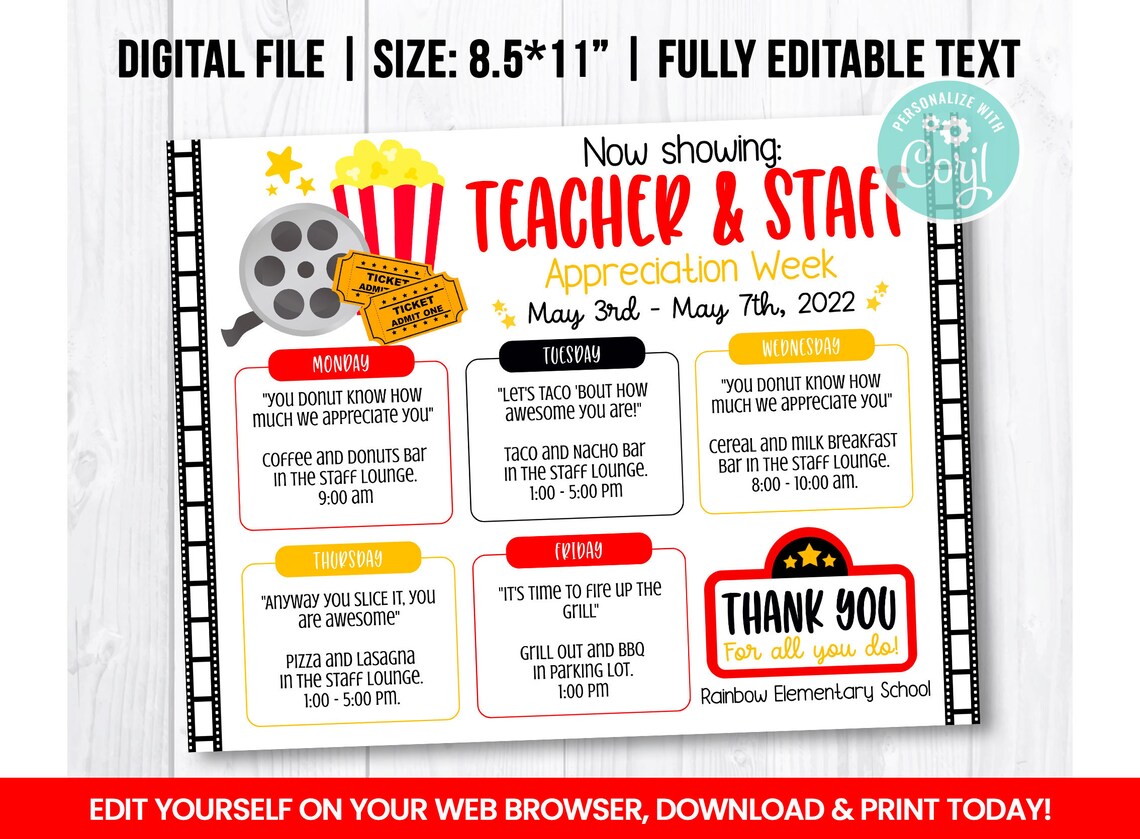 EDITABLE Teacher and Staff Appreciation Week Flyer Itinerary | Etsy