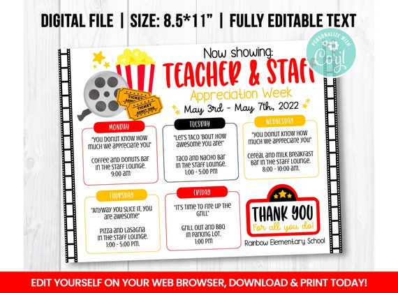 EDITABLE Teacher and Staff Appreciation Week Flyer Itinerary | Etsy